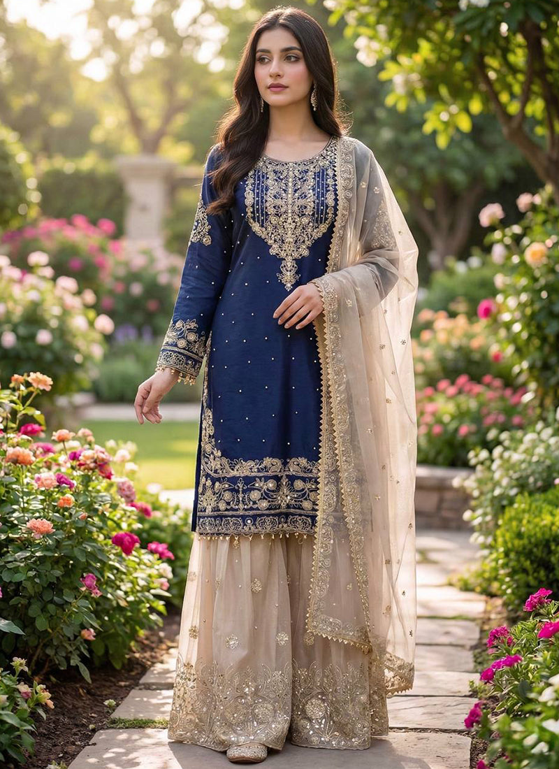 Jimmy Choo Silk Blue Festival Wear Zari Work Readymade Sharara Suit ...