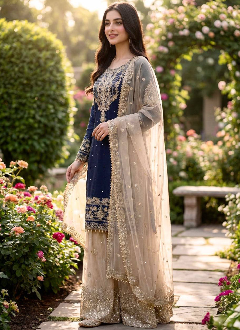 Jimmy Choo Silk Blue Festival Wear Zari Work Readymade Sharara Suit ...