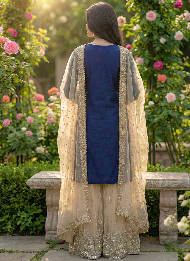 Jimmy Choo Silk Blue Festival Wear Zari Work Readymade Sharara Suit ...