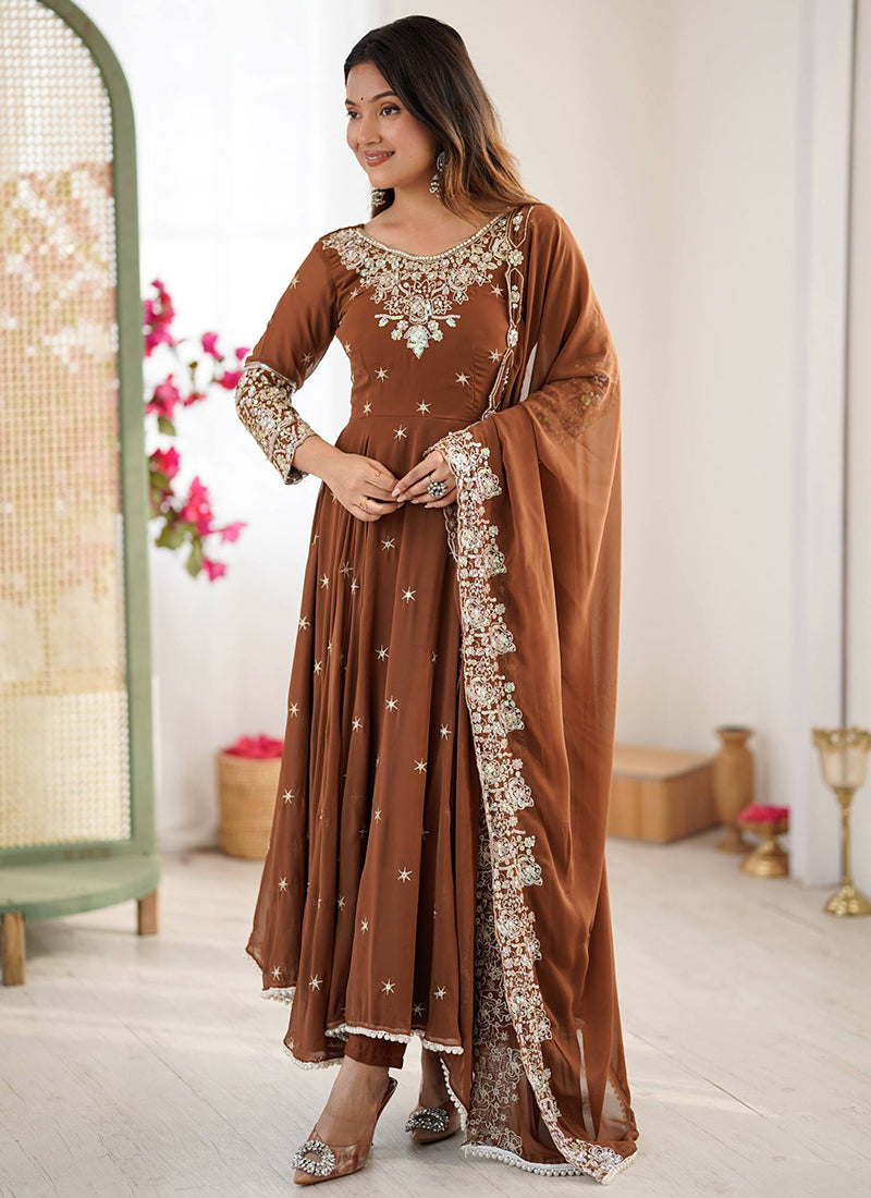 Brown Blooming Faux Sequins Work Casual Wear Readymade Anarkali Suit S ...