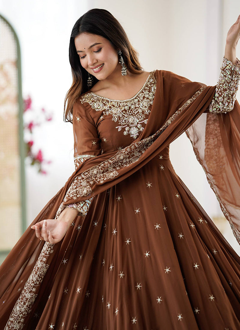 Brown Blooming Faux Sequins Work Casual Wear Readymade Anarkali Suit S ...