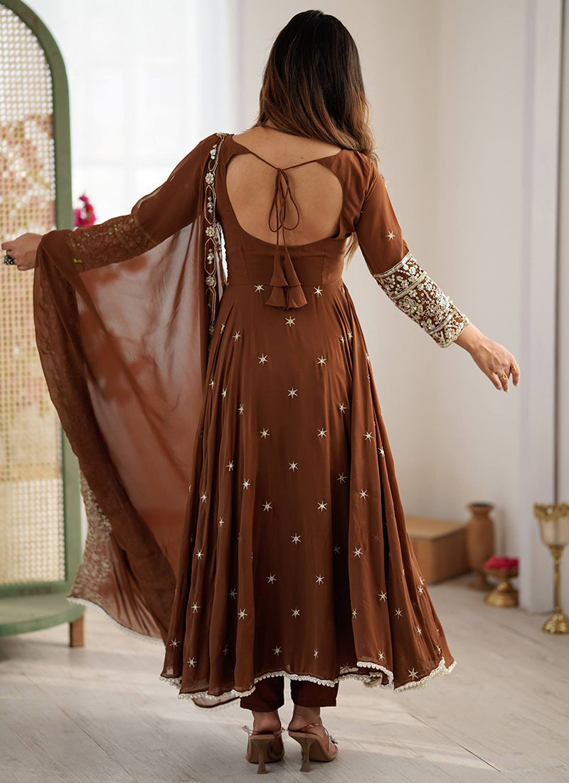 Brown Blooming Faux Sequins Work Casual Wear Readymade Anarkali Suit S ...