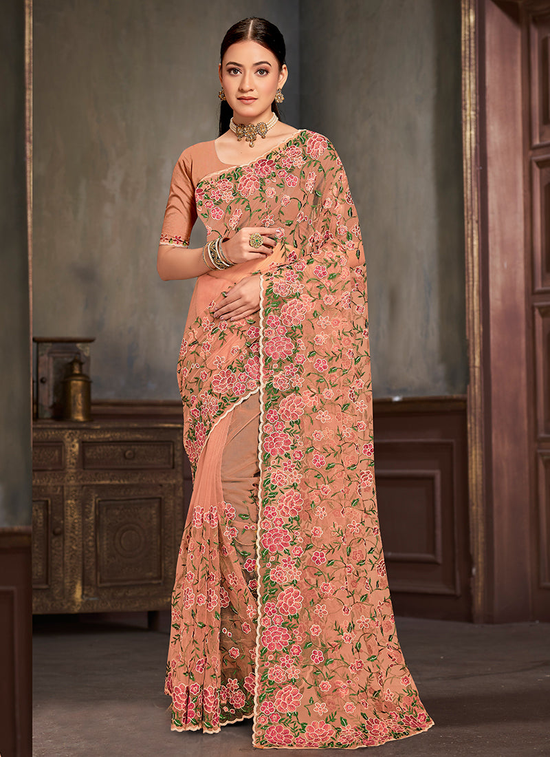 Net Dusty Peach Ceremonial Wear Stone Work Saree – Kesari Exports