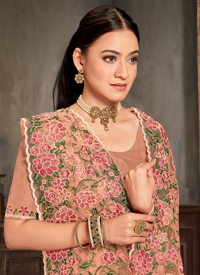 Net Dusty Peach Ceremonial Wear Stone Work Saree – Kesari Exports