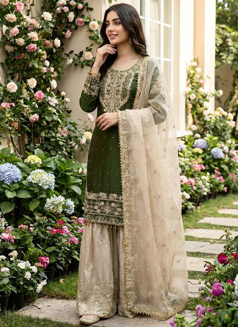 Jimmy Choo Silk Green Festival Wear Zari Work Readymade Sharara Suit ...