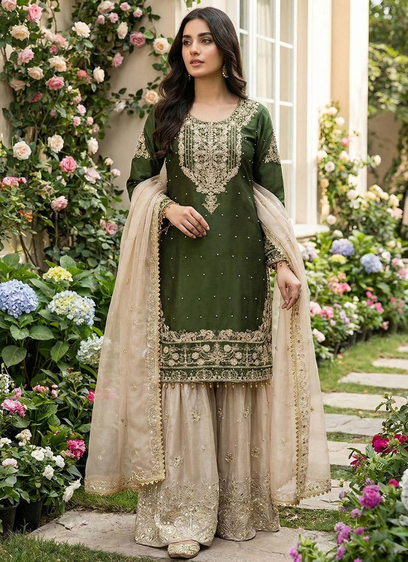 Jimmy Choo Silk Green Festival Wear Zari Work Readymade Sharara Suit ...