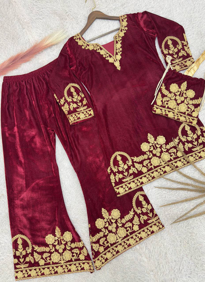 Viscose Velvet Maroon Party Wear Zari Embroidery Work Readymade Design ...