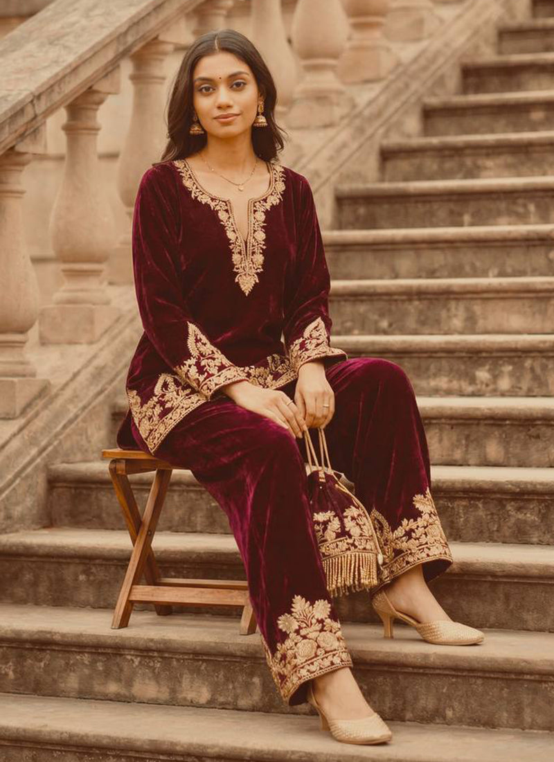 Viscose Velvet Maroon Party Wear Zari Embroidery Work Readymade Design ...