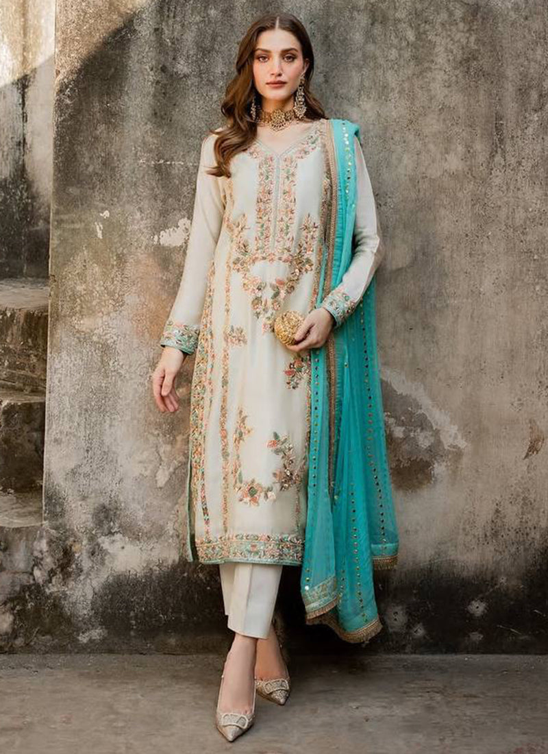 Pure Gmy Silk Off White Festival Wear Embroidery Work Readymade Salwar ...