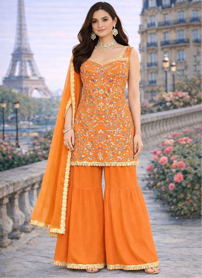 Orange Georgette Embroidery Work Festival Wear Readymade Sharara Suit ...
