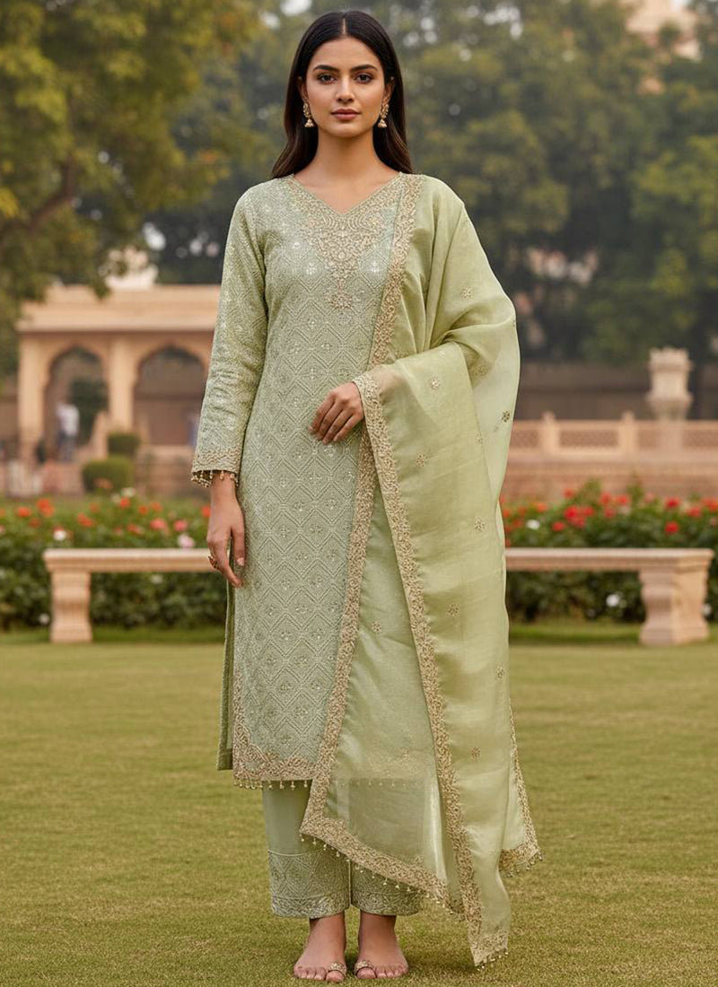 Gmy Silk Pista Green Festival Wear Embroidery Work Readymade Salwar Su ...