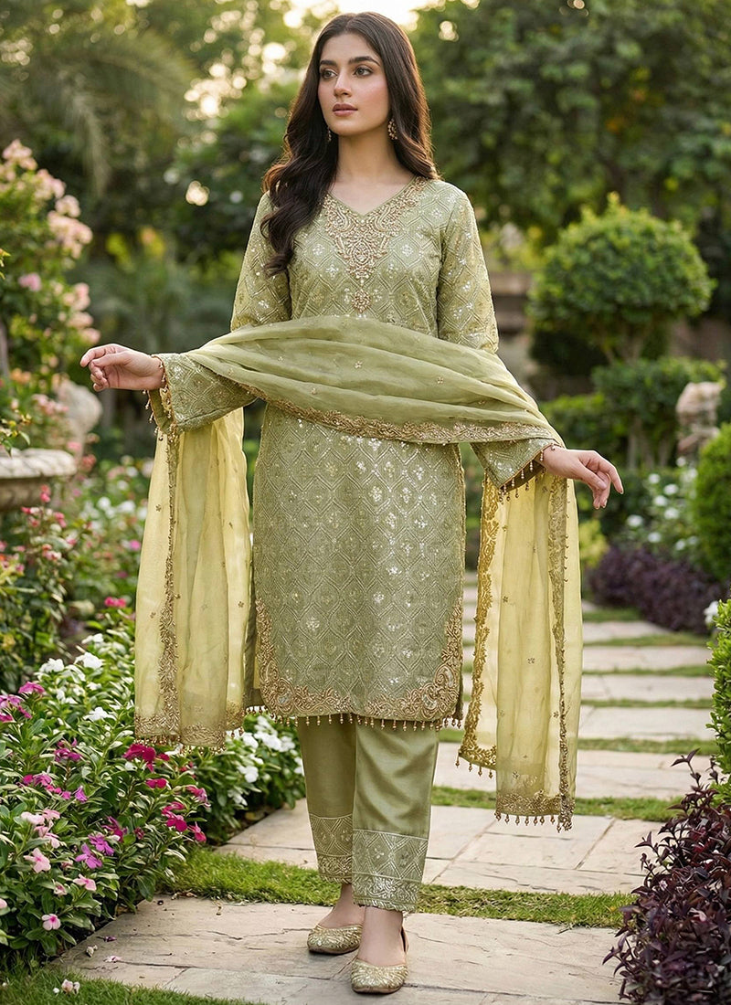 Gmy Silk Pista Green Festival Wear Embroidery Work Readymade Salwar Su ...