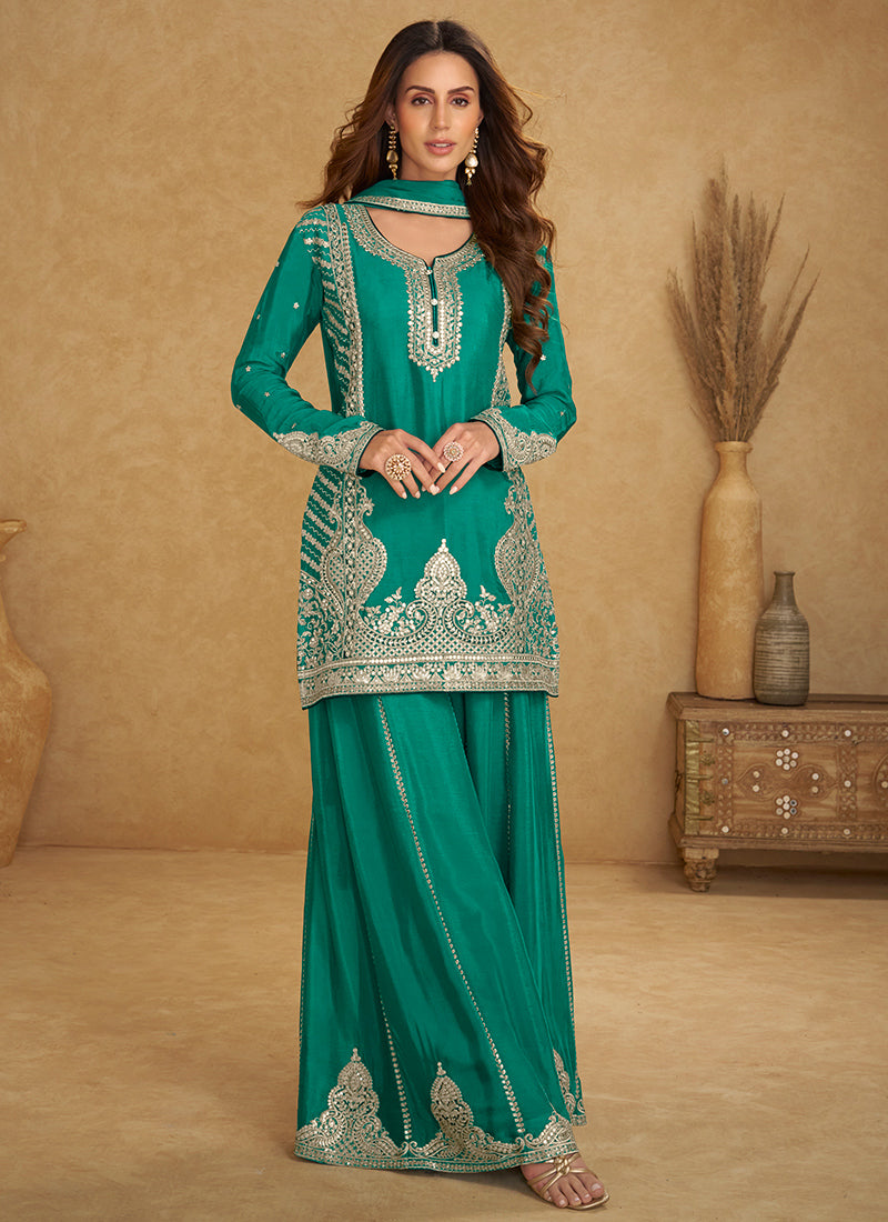 Teal Green Chinon Zari Embroidery Work Wedding Wear Readymade Plazzo S ...
